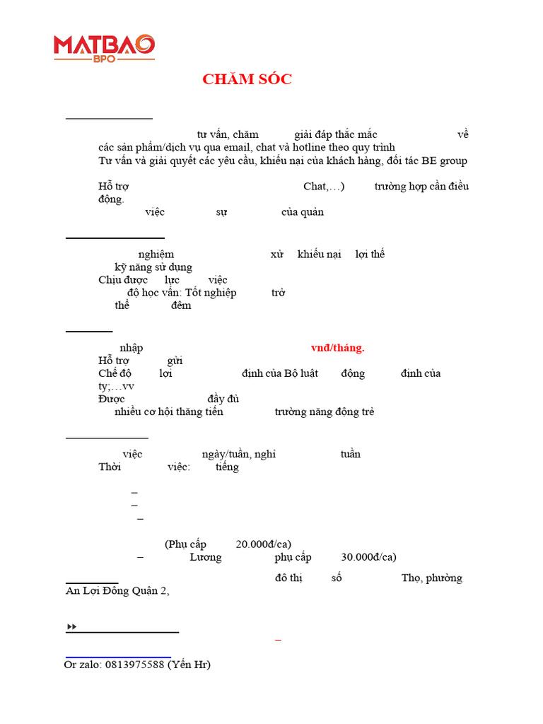 JD Nhân Viên CSKH Be Group | PDF