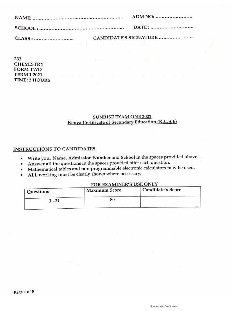 233 Form 2 CHEMISTRY End Term 1 Marking Scheme | PDF
