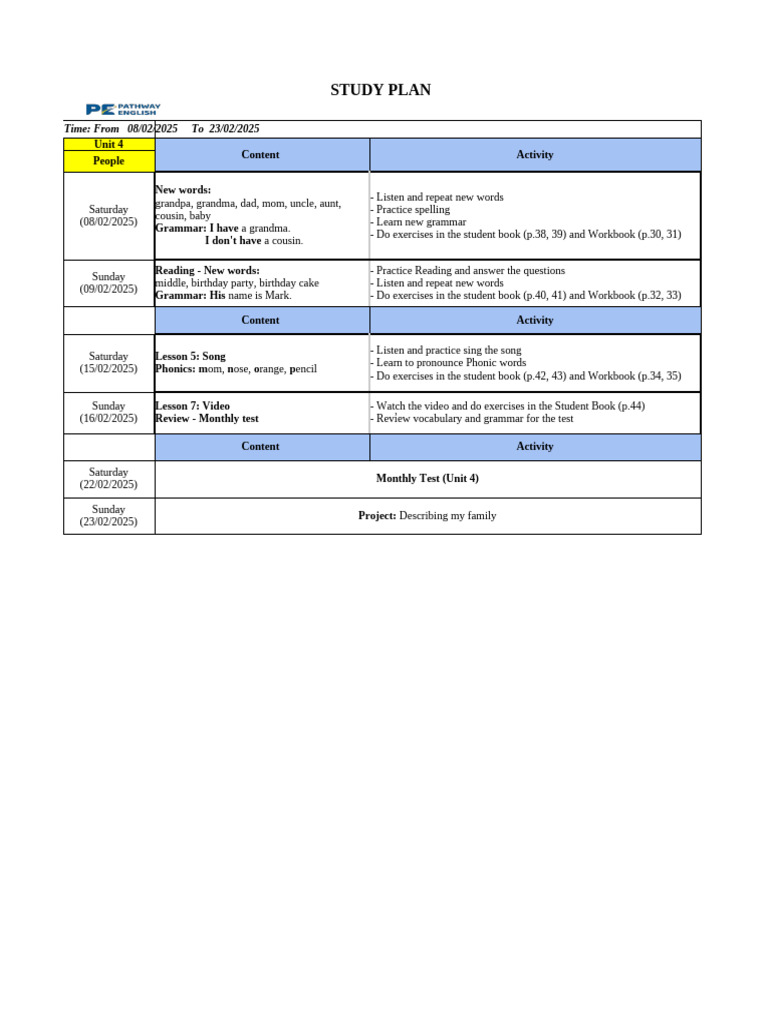 STUDY PLAN in FEBRUARY 2025 - SS1A | PDF