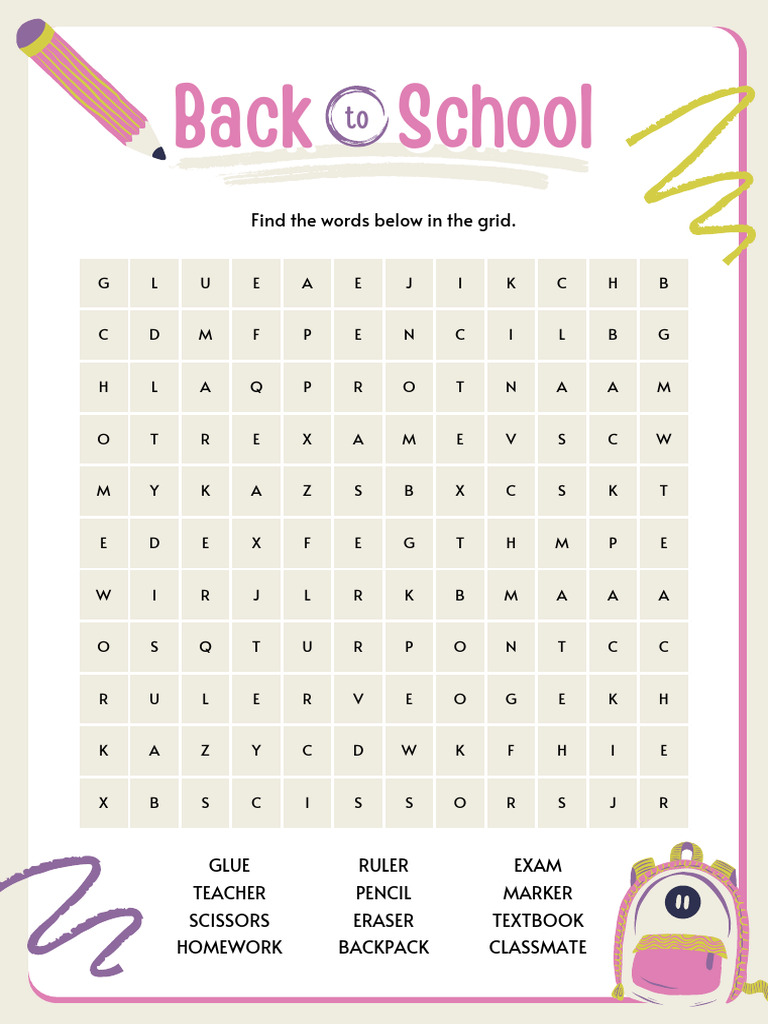 Back To School Word Search Worksheet in Pink White Simple Simple Style ...