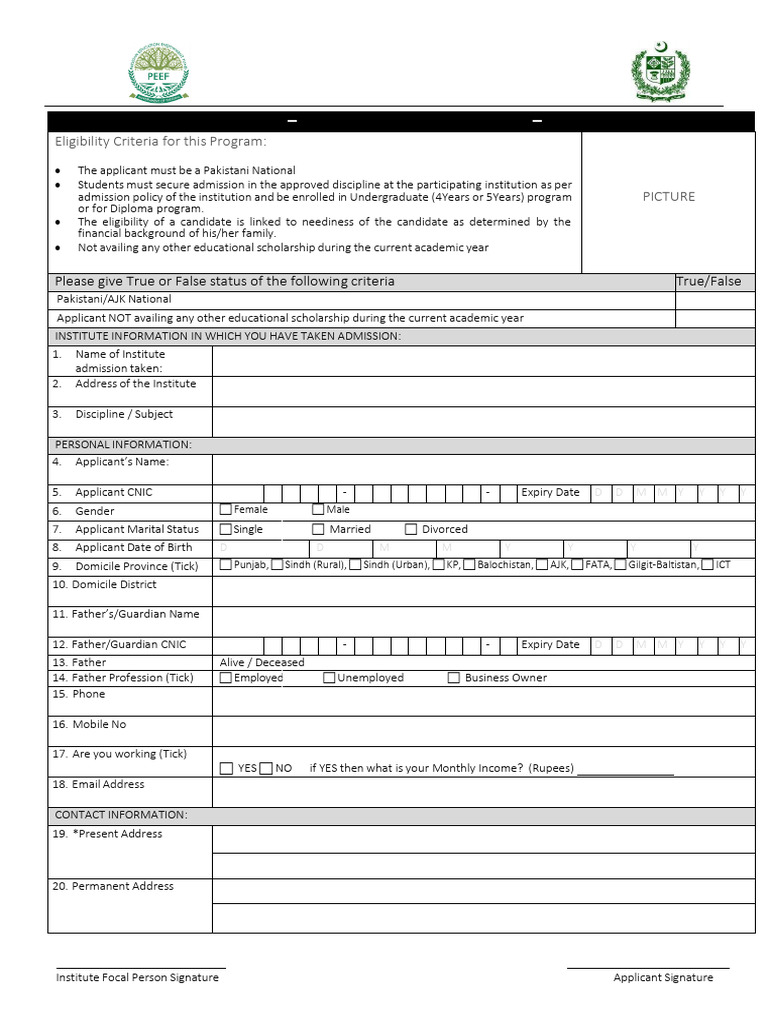 PEEF Scholarship Application Form | PDF | Fee