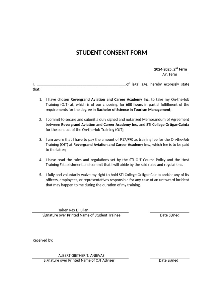 Student Consent Form for OJT 2024-2025 | PDF