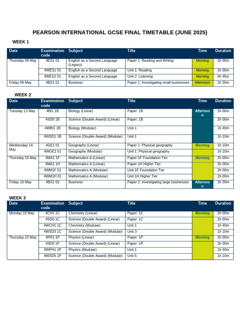 Pearson IGCSE June 2025 Timetable | PDF | Educational Stages | Qualifications
