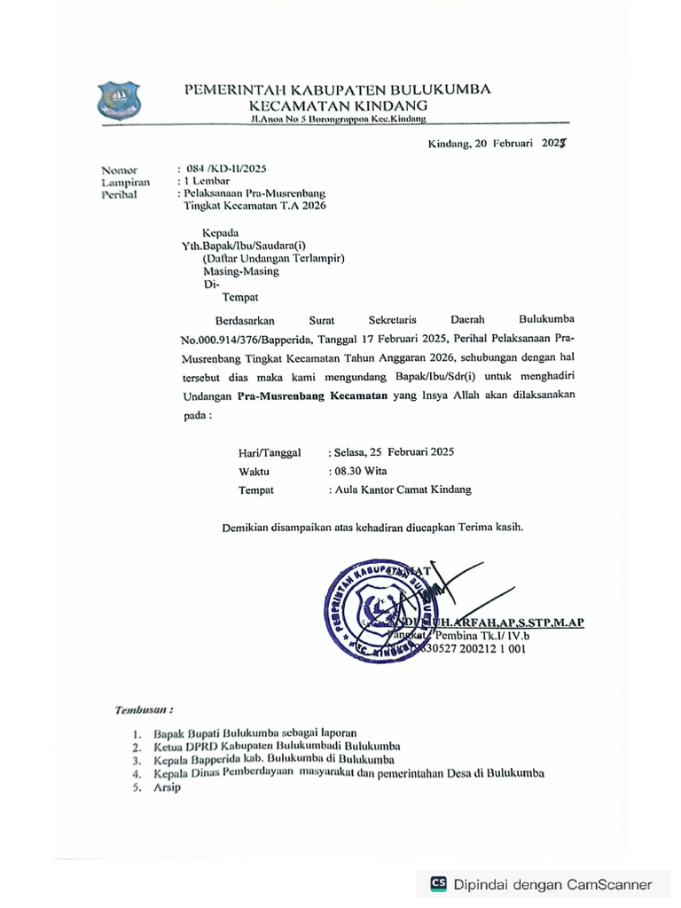 Undangan Pra Musrenbang TA 2026 Kindang | PDF