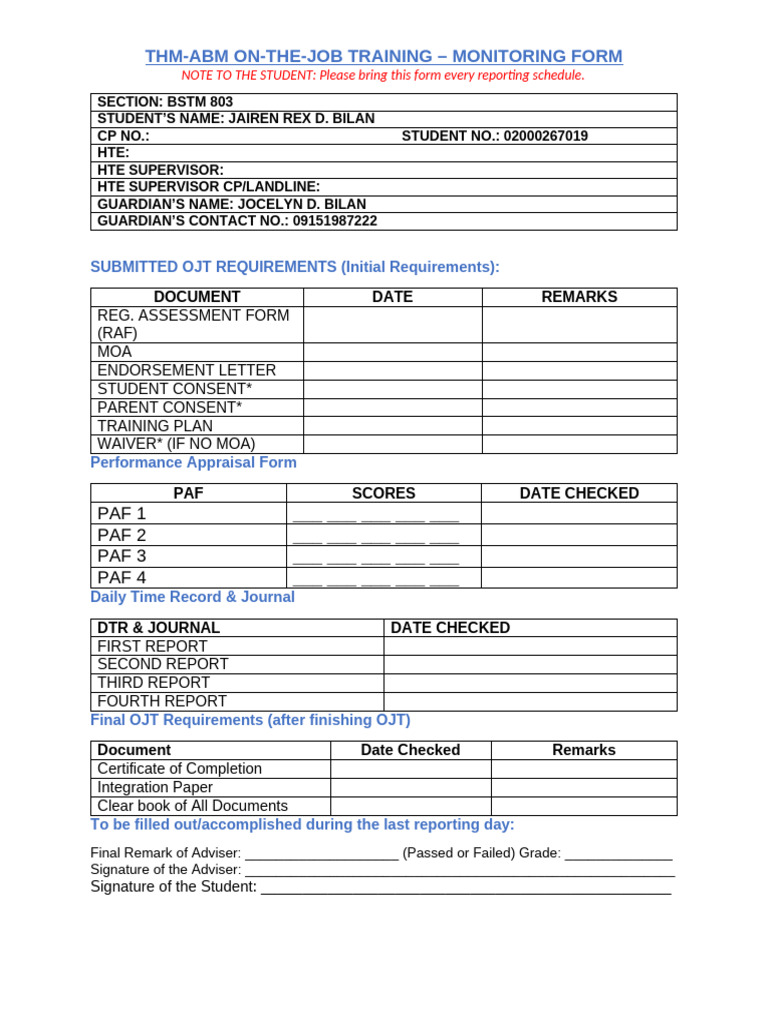 Ojt Monitoring Form | PDF
