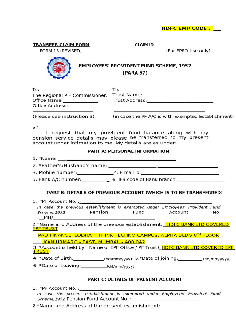 PF Transfer Out Form-13 | PDF | Retirement | Employment Compensation