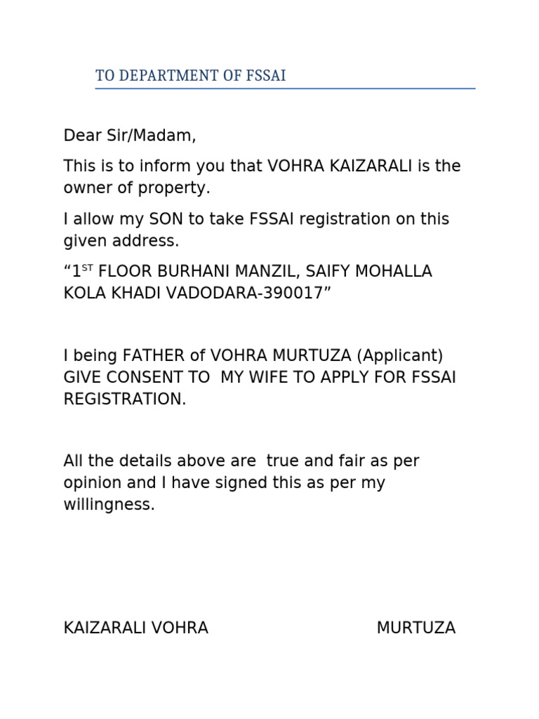FSSAI NOC Consent Letter Template | PDF