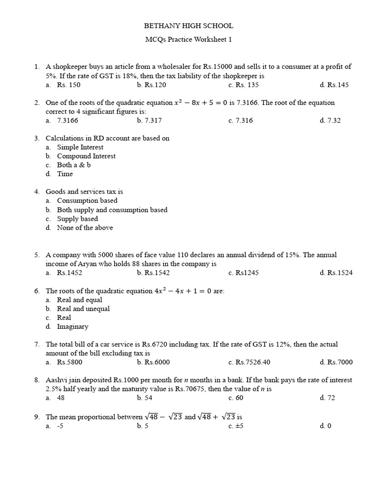 Bethany High School MCQs Practice Worksheet | PDF | Interest | Taxes