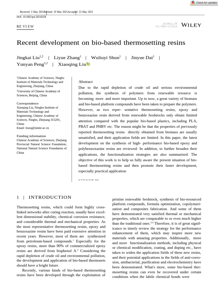 Journal of Polymer Science - 2021 - Liu - Recent Development On Bio Based Thermosetting Resins ...