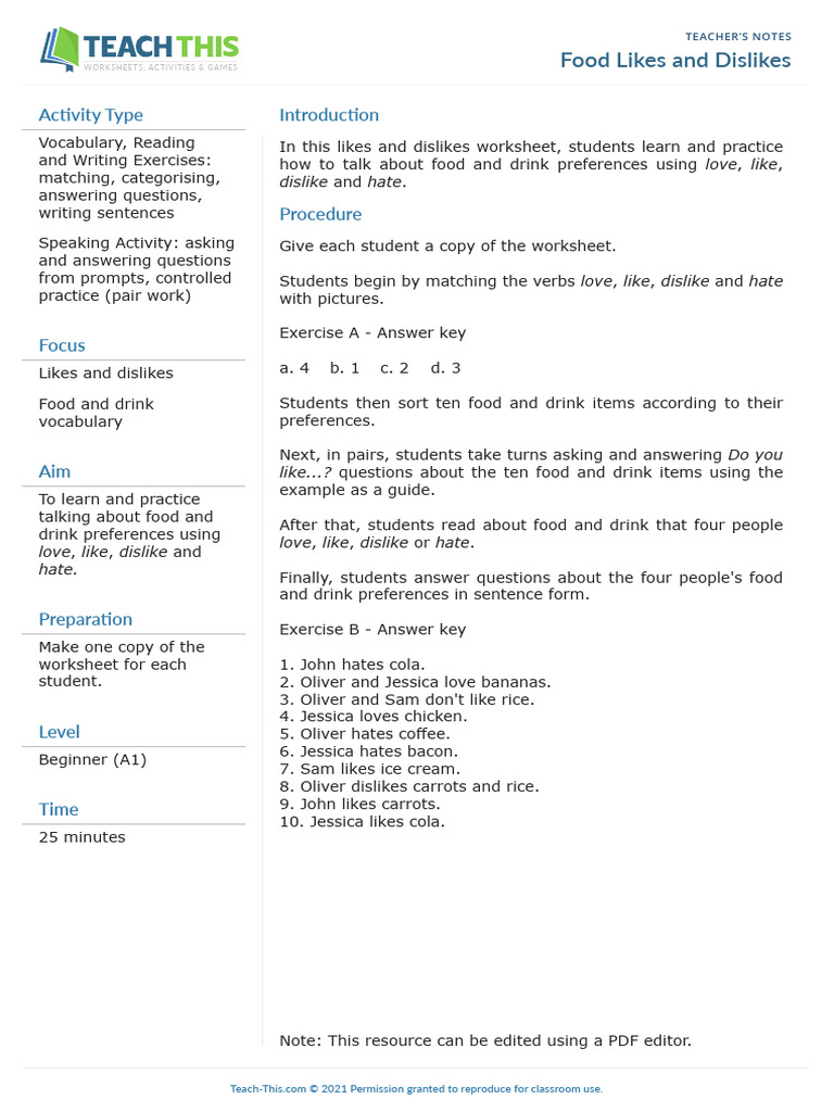 Food Likes and Dislikes | PDF