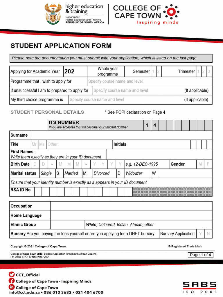 College of Cape Town Student Application Form | PDF | Disability