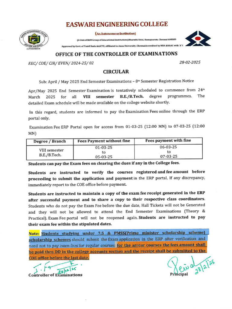 Exam Fee Circular - Sem8 | PDF