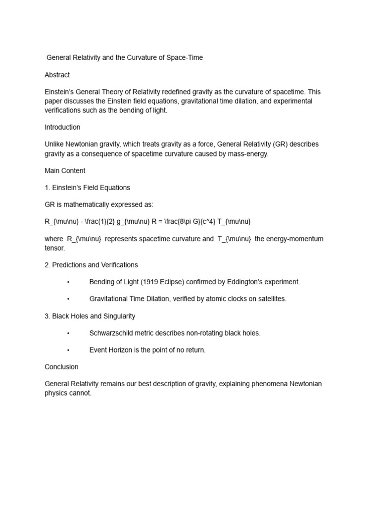 General Relativity and The Curvature of Space-Time | PDF