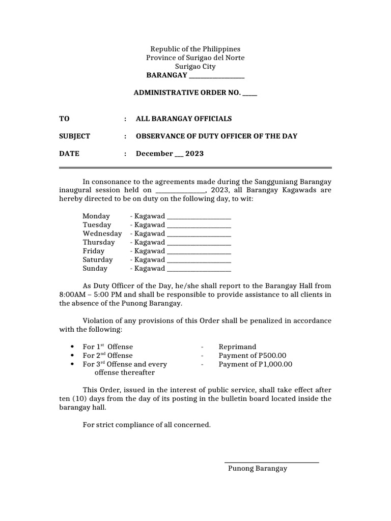 Duty Officer Schedule for Barangay | PDF