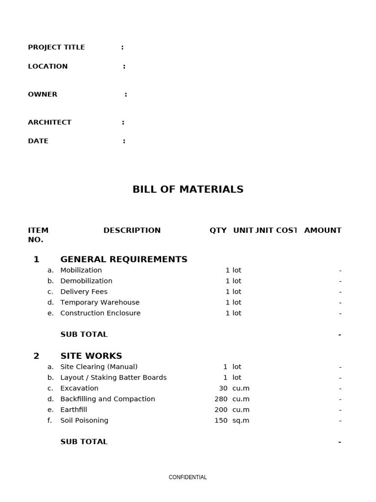 BILL OF MATERIALS SAMPLE TEMPLATE | PDF | Door | Building Materials
