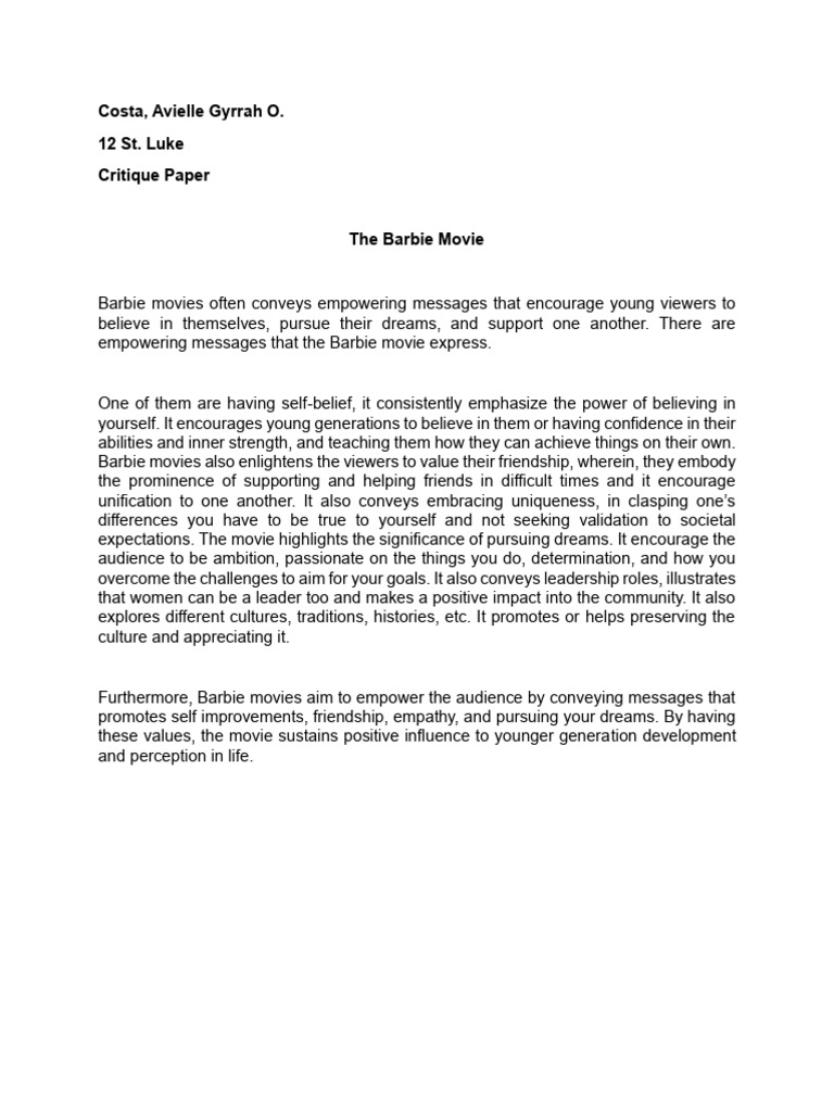 Barbie Movie (Critique Paper) | PDF