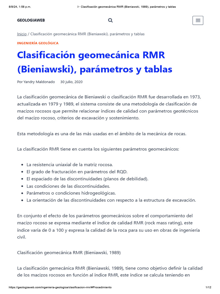 Clasificación Geomecánica RMR (Bieniawski, 1989), Parámetros y Tablas | PDF | Ingeniero civil ...