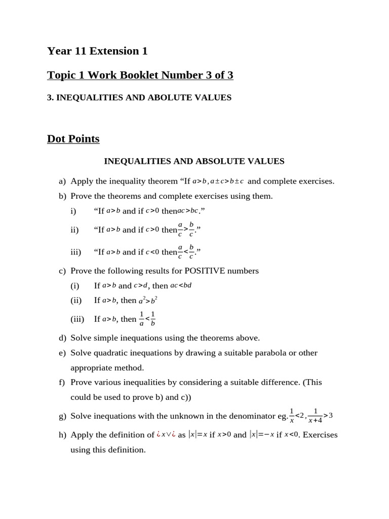 Y11 Ext 1 Inequalities and Absolute Values | PDF | Inequality ...