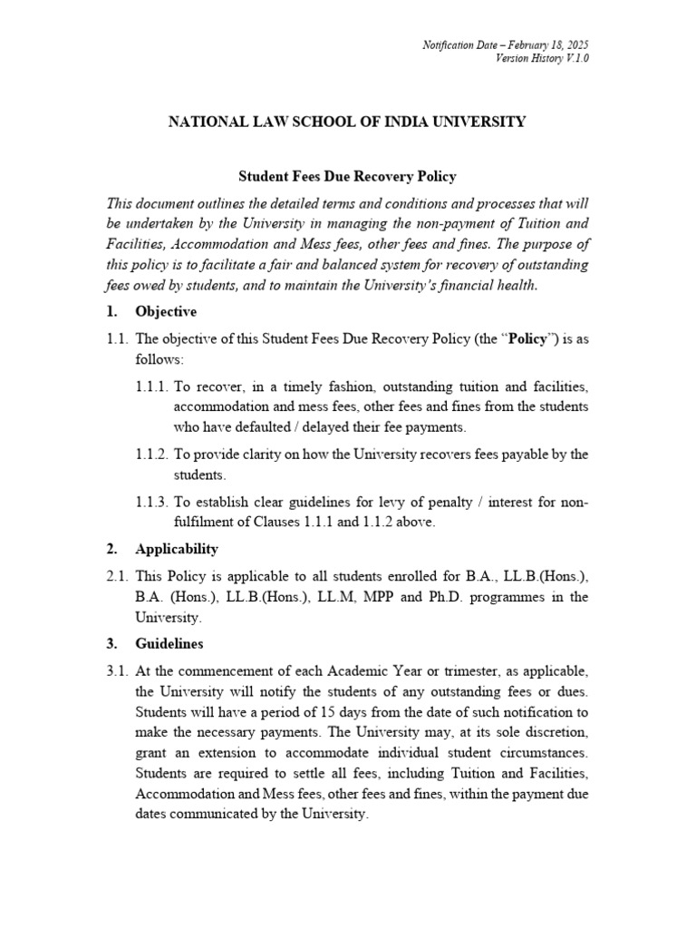 NLSIU Student Fees Due Recovery Policy | PDF
