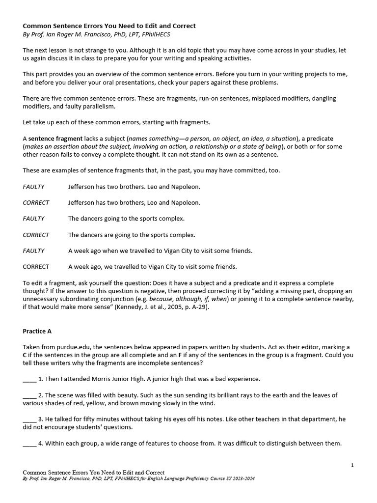 Common Sentence Errors 2023 | PDF | Comma | Language Mechanics