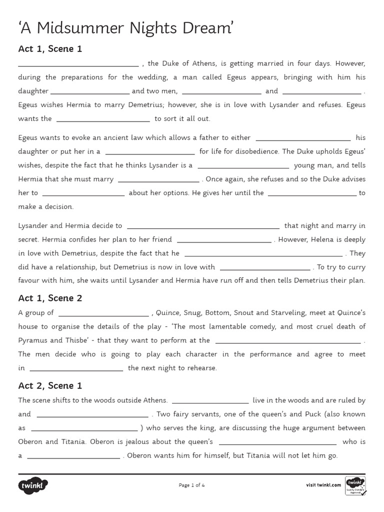 A Midsummer Nights Dream Cloze Activity Sheet | PDF | A Midsummer Night ...