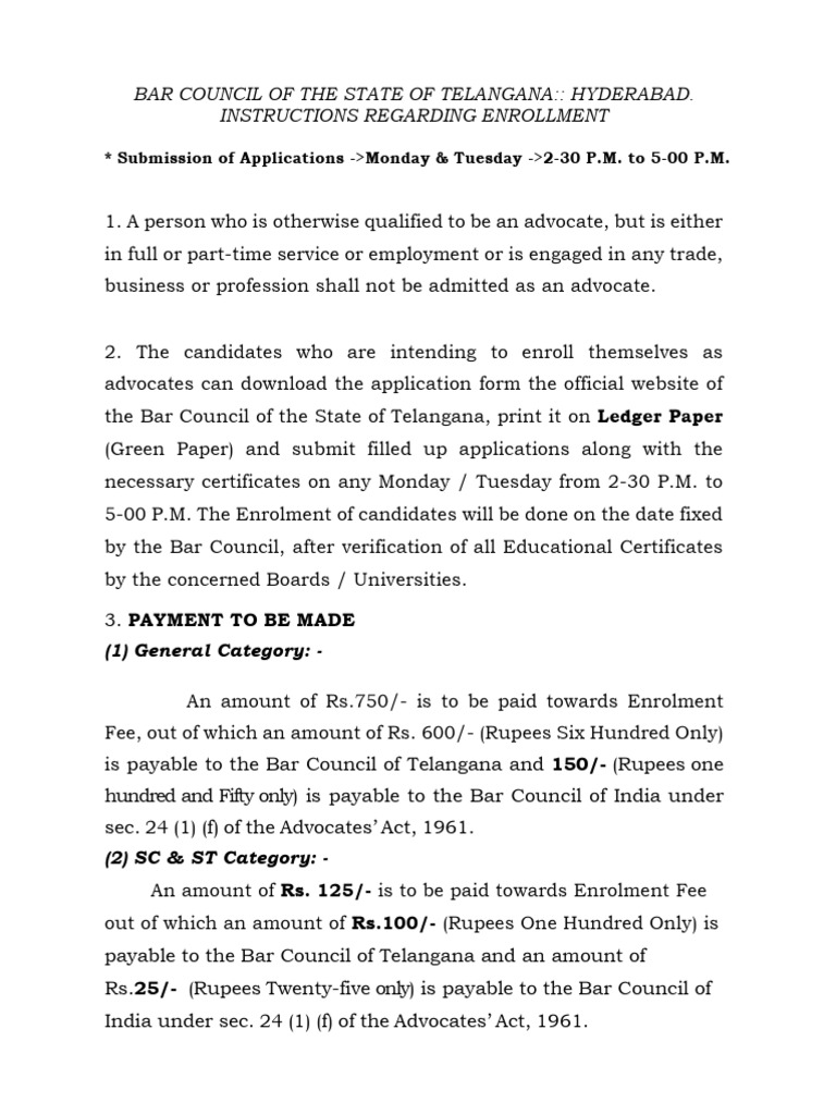 Telangana Bar Council Enrollment Guide | PDF | Advocate