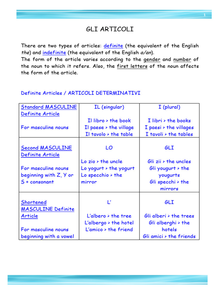 Cheat Sheet Italian Articles | PDF | Grammatical Gender | Noun