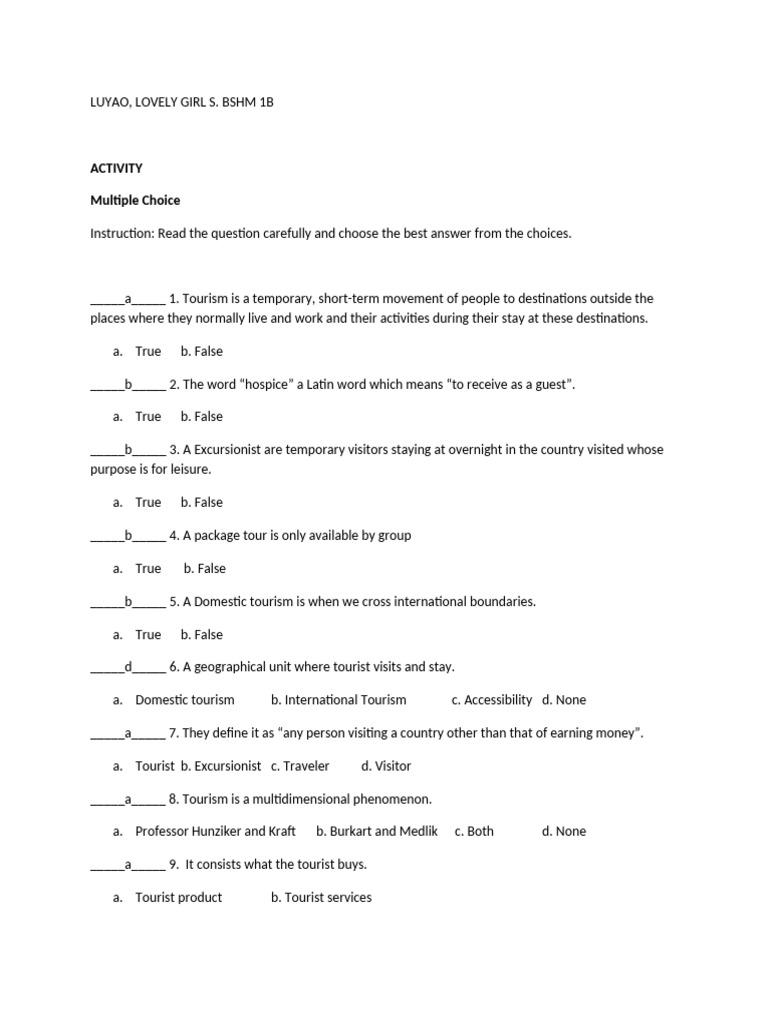 Tourism and Hospitality Quiz Activity | PDF