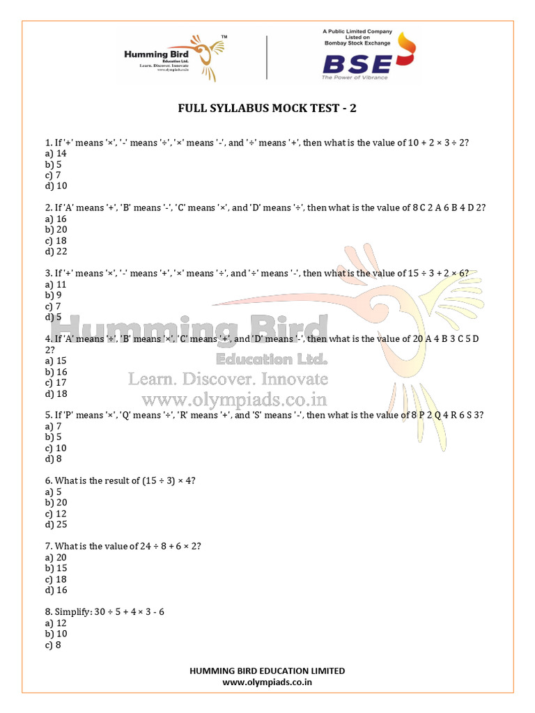 Mock Test 2: Math & Logic Questions | PDF