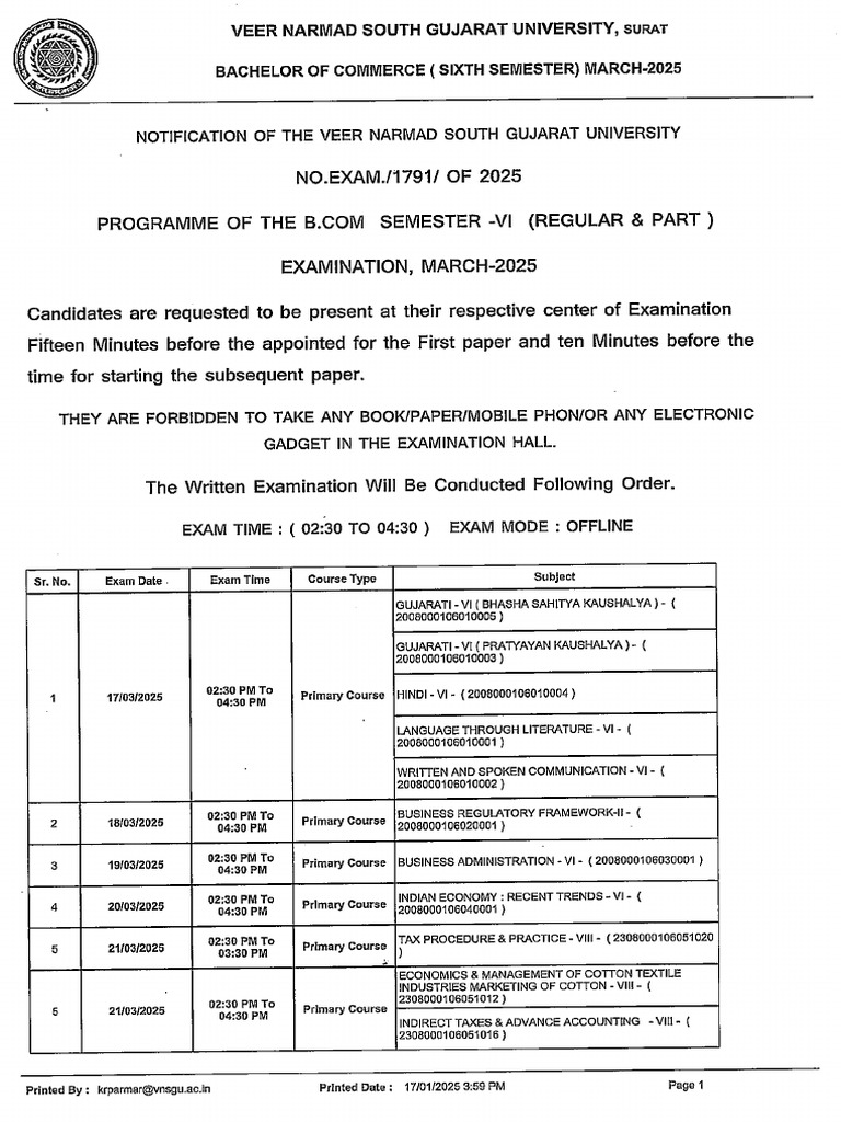 Exam Time Table | PDF
