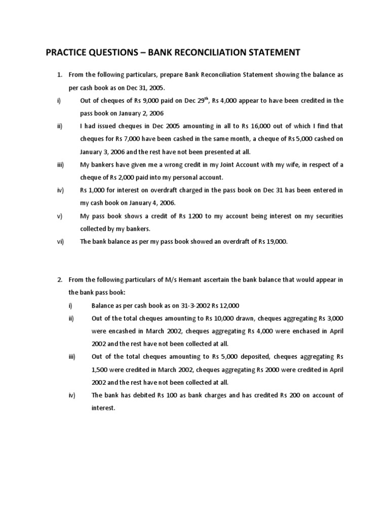 Bank Reconciliation Statement Practice | PDF | Debits And Credits ...