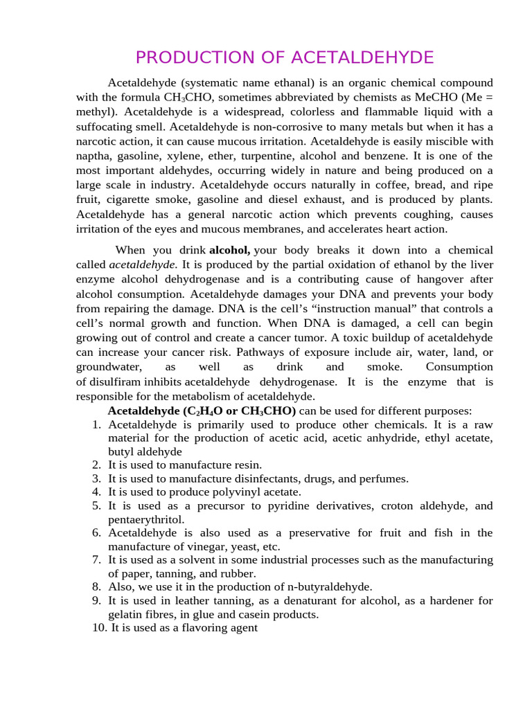 Acetaldehyde Production Methods | PDF | Acetic Acid | Ethanol