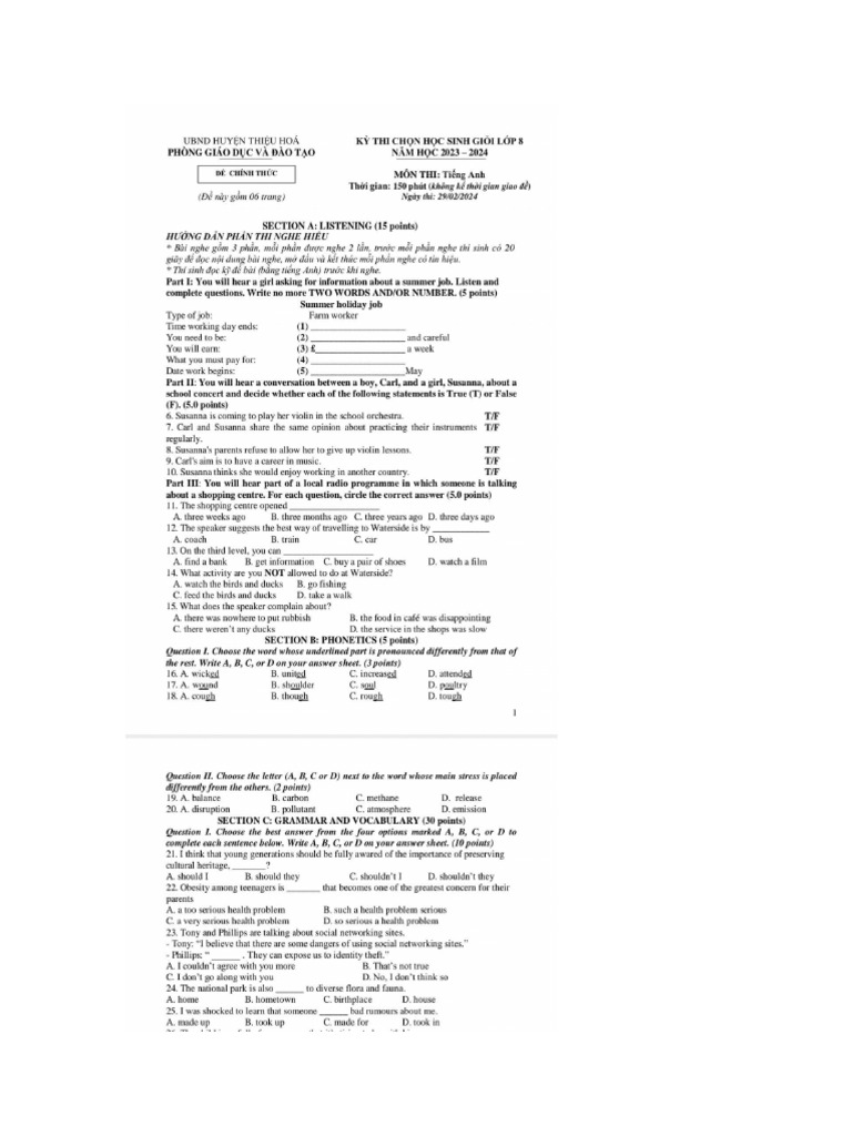 De Thi HSG Tieng Anh 8 Huyen Thieu Hoa Nam Hoc 20232024 | PDF