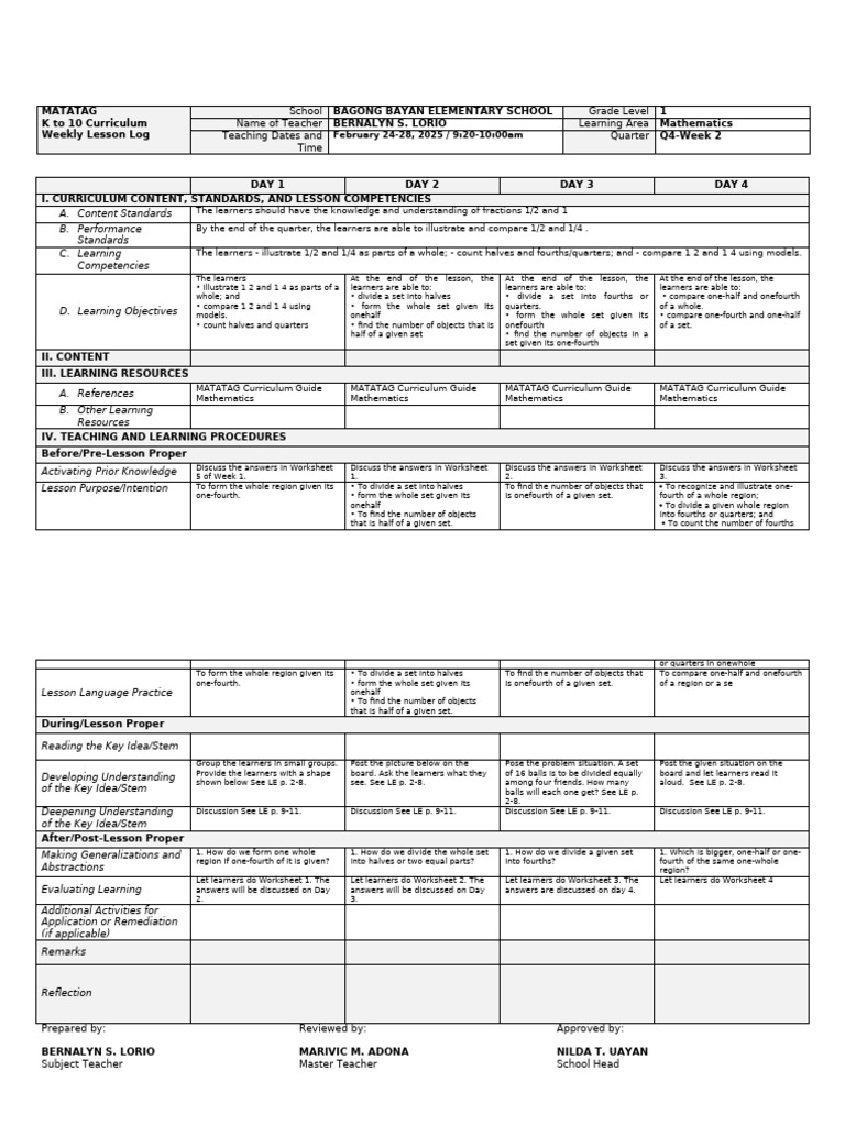 Grade 1 Weekly Lesson Log: Math & Language | PDF | Curriculum | Learning