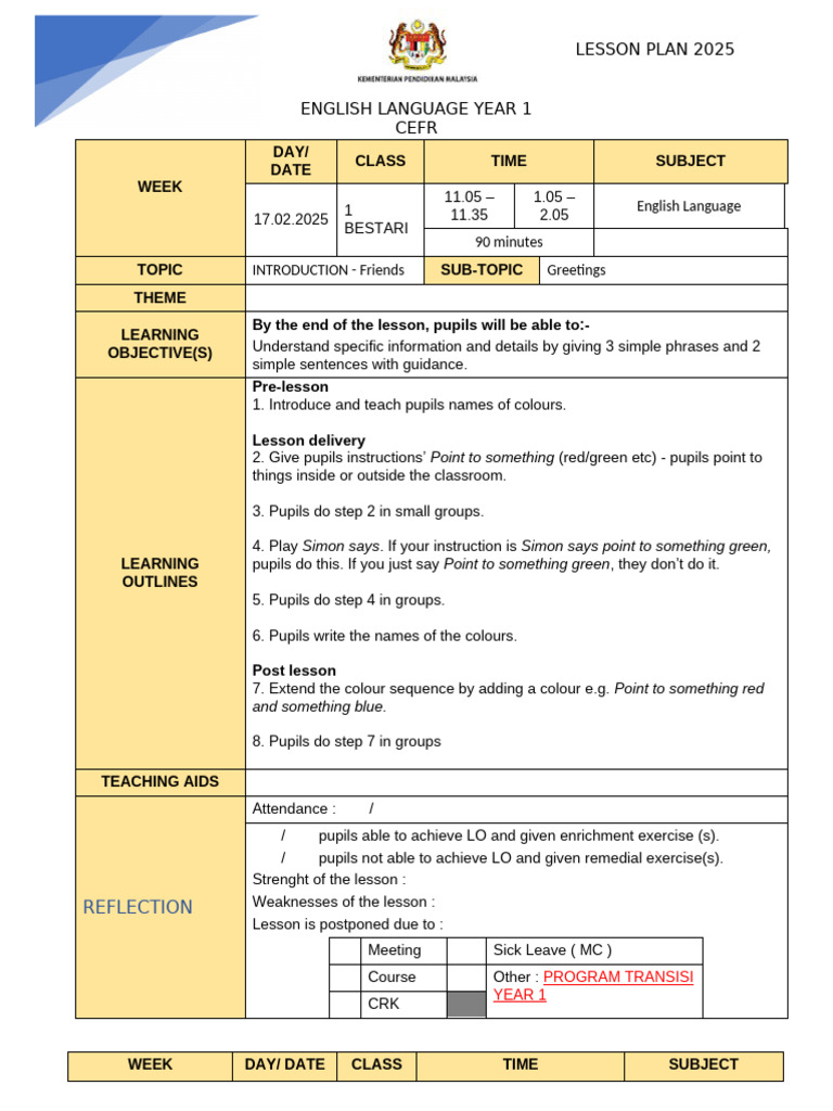 BI YEAR 1 BESTARI WEEK 1 | PDF | Lesson Plan | Learning