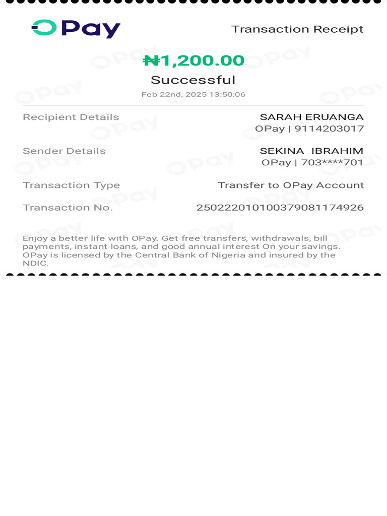OPay Transaction Receipt Feb 2025 | PDF