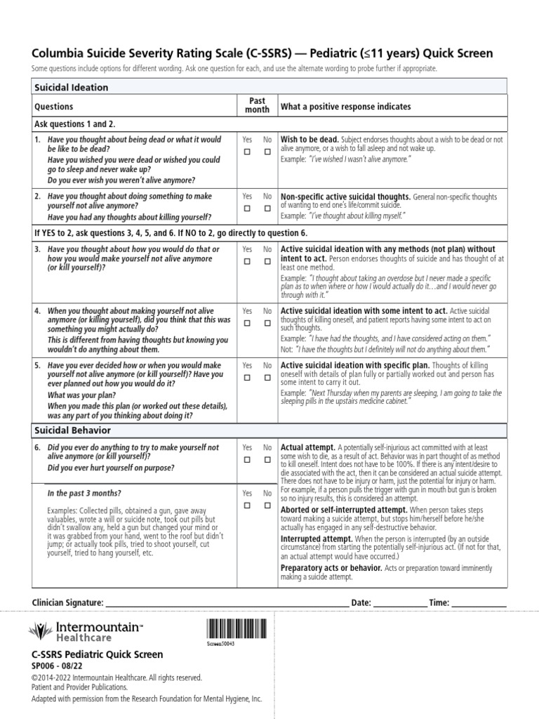 Suicide Prevention Columbia Suicide Severity Rating Scale (C-SSRS) Ã Â Â Pediatric (Ã Â °Â 11 ...