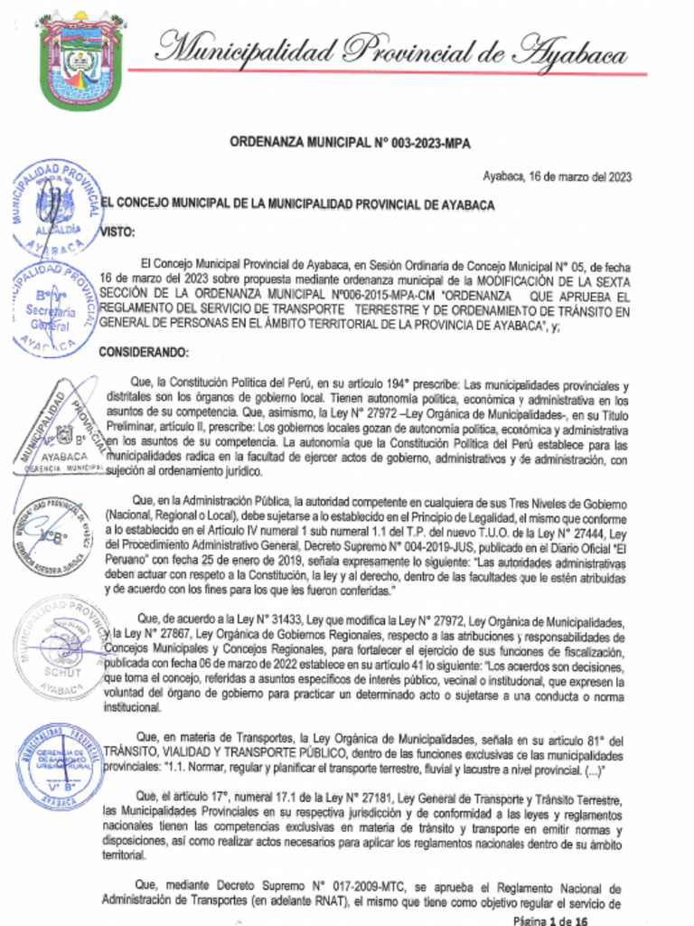 O.M N°003-2023 - Ordenanza Que Aprueba La Modificación A La Sexta Seccion de La Om 006-2015 ...