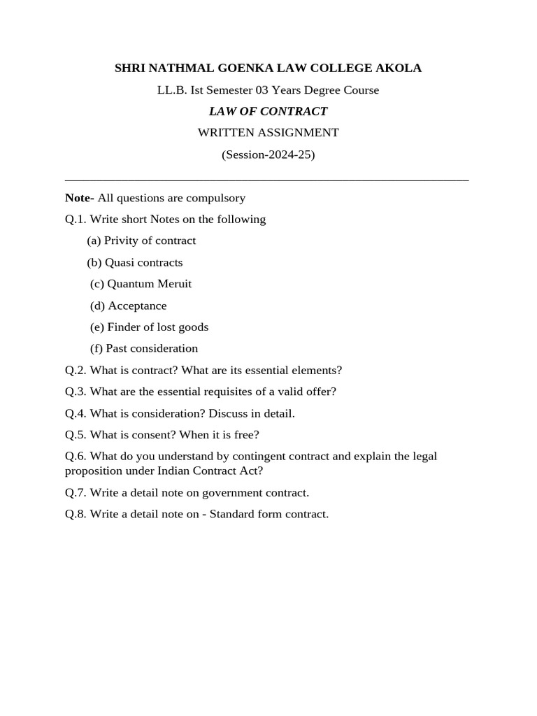 Law of Contract Assignment for LL.B. Students | PDF