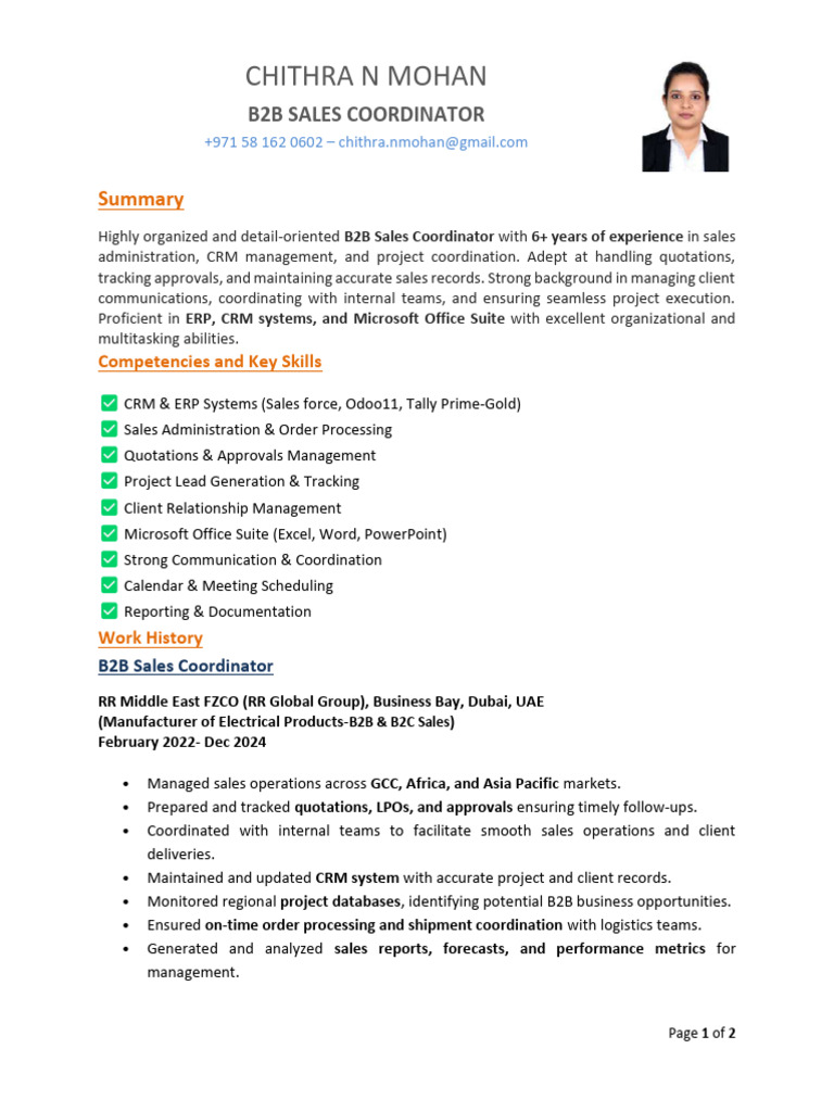 Chithra N Mohan-B2b Salescoordinator - CV | PDF | Customer Relationship Management | Computing