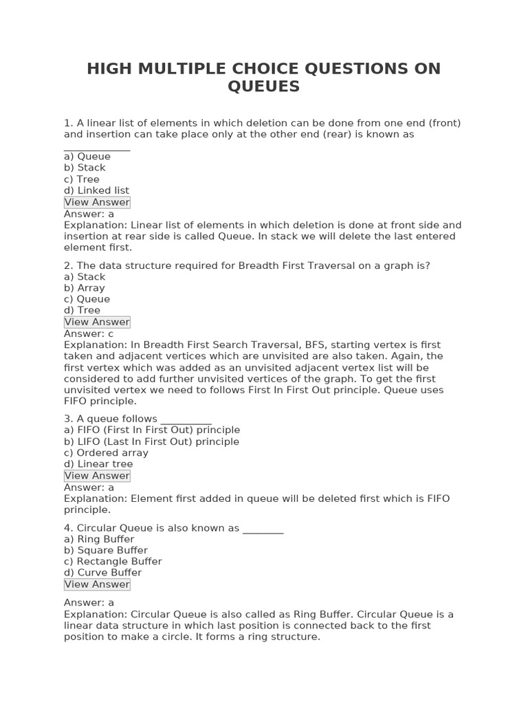 High Multiple Choice Questions On Queues | PDF | Queue (Abstract Data Type) | Mathematical Relations