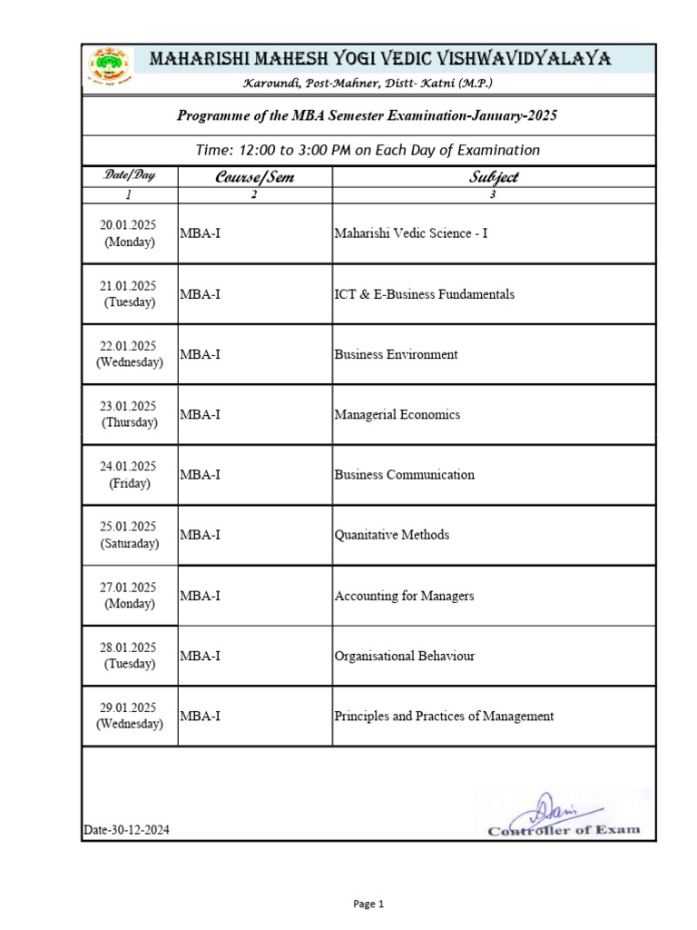 Time-Table-MBA-2025 | PDF
