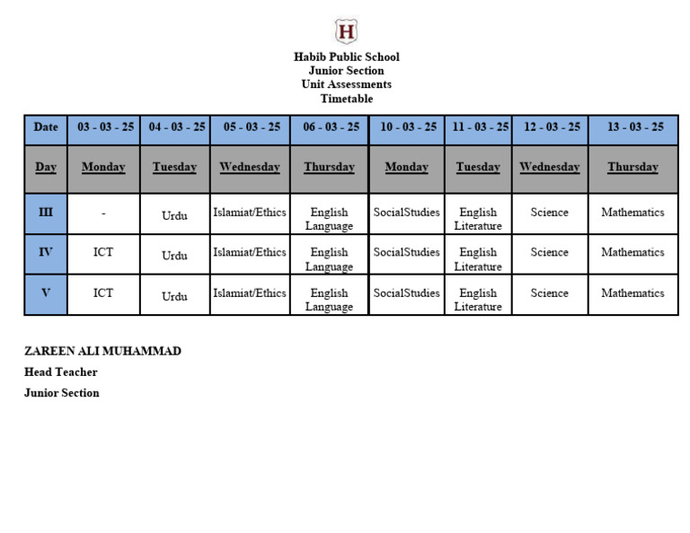 Unit Assessments Timetable - III- IV- V | PDF