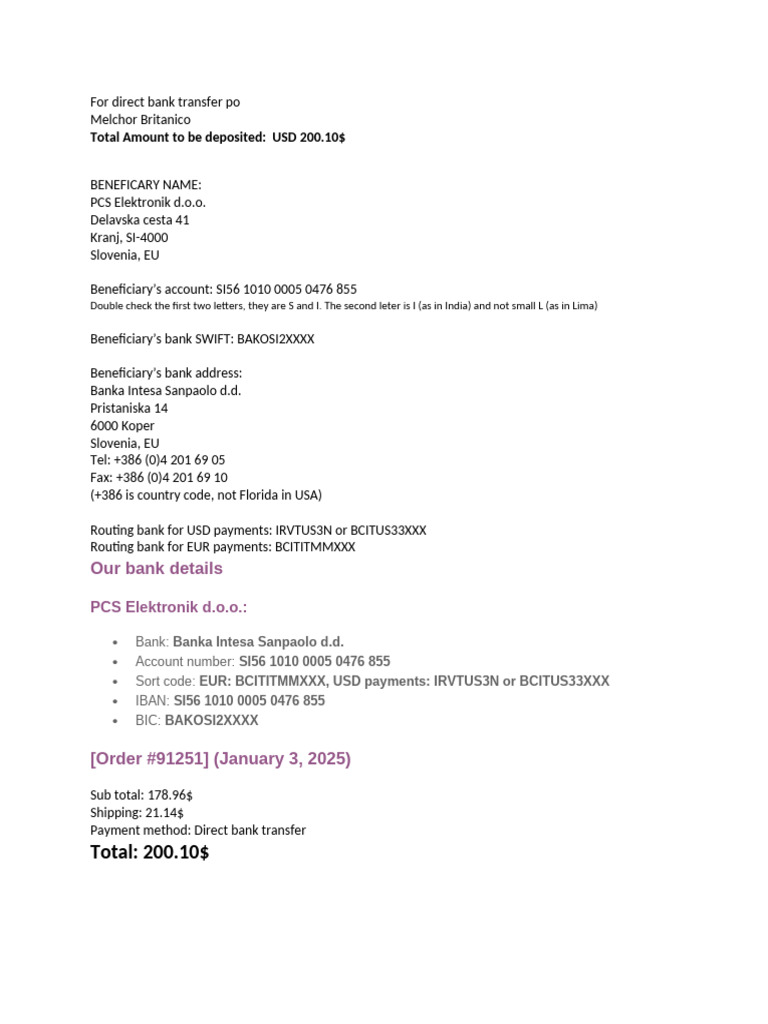 Bank Transfer Instructions | PDF