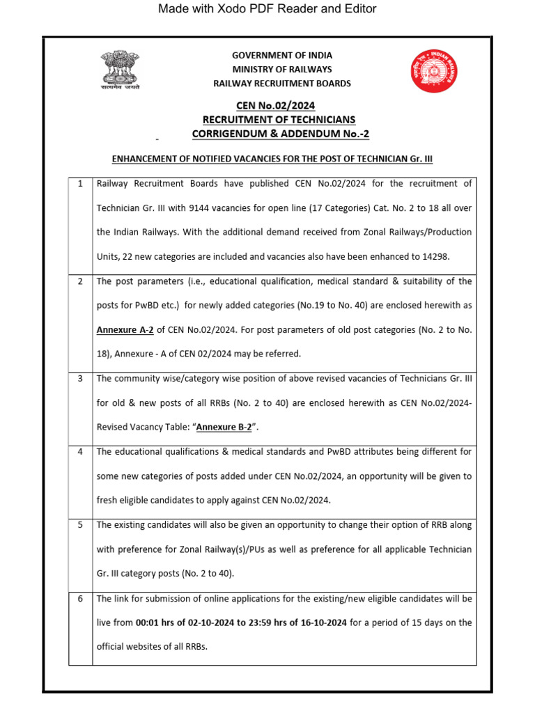 CEN No.02/2024 Recruitment of Technicians Corrigendum & Addendum No.-2 | PDF | Machinist ...