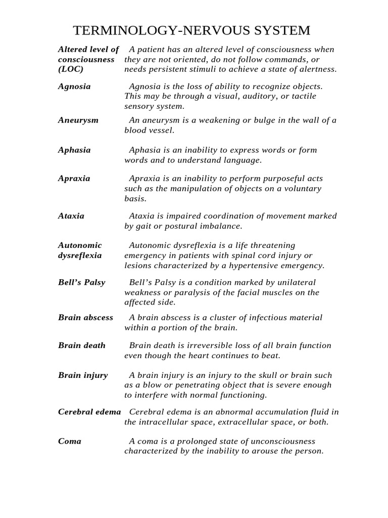 Nervous System Medical Terminology | PDF | Paresthesia | Spinal Cord