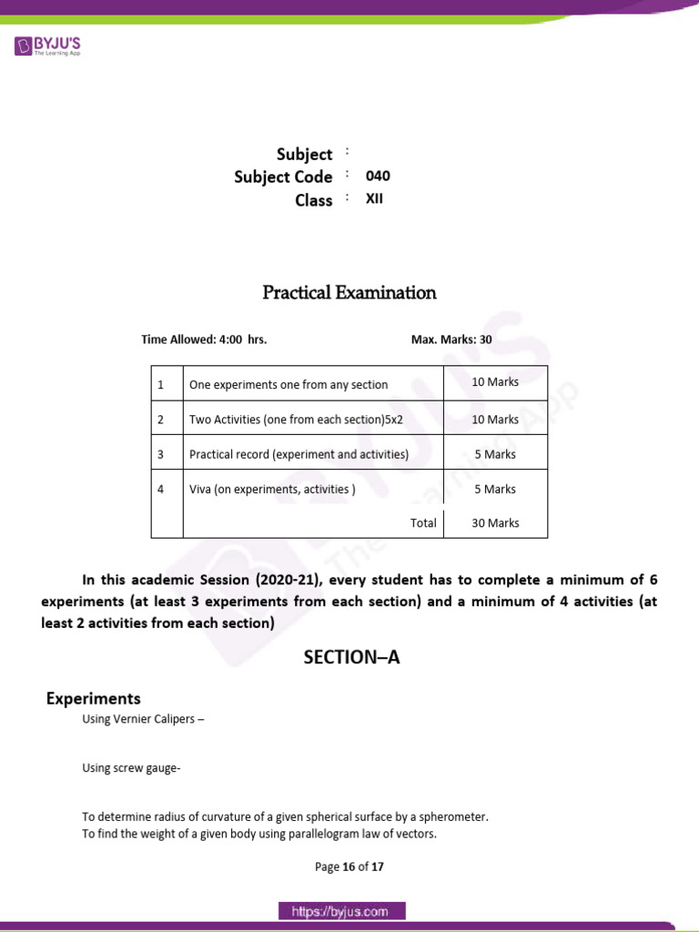 RBSE Class 12 Physics Practicals Revised Syllabus 2020 2021 | PDF ...