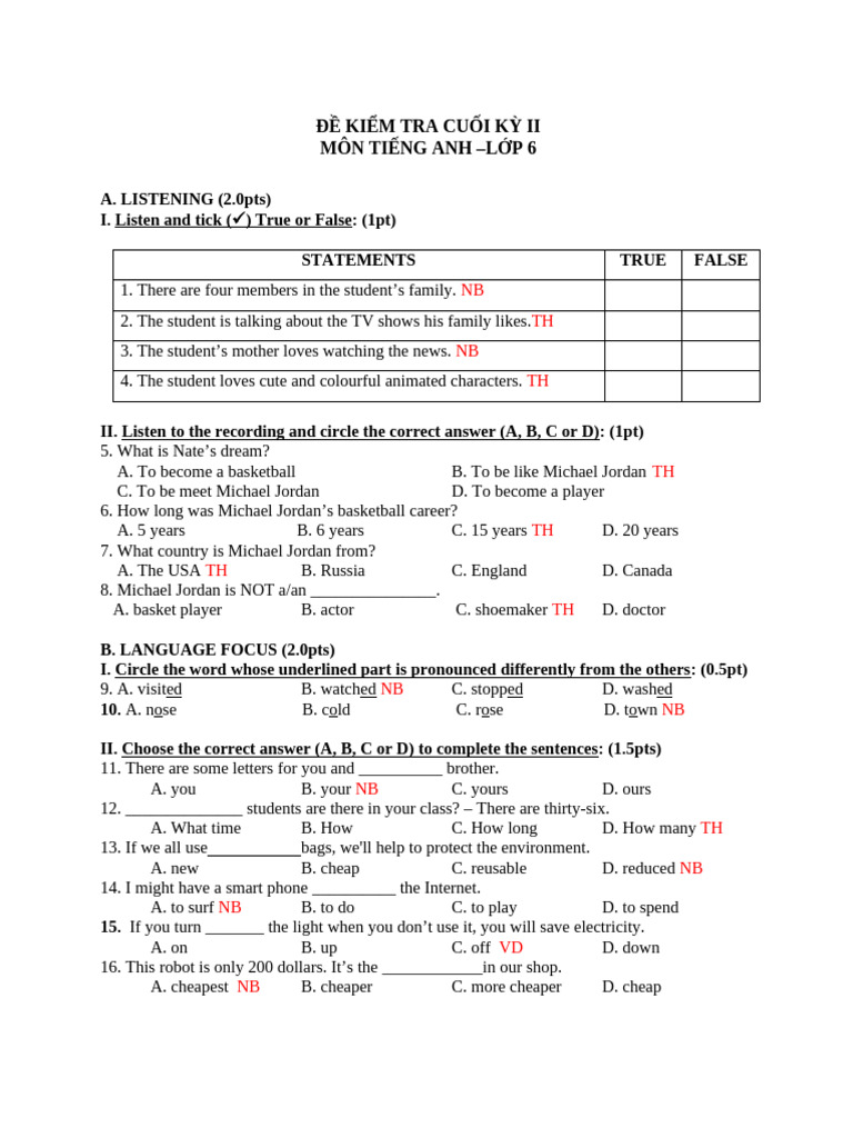 ĐỀ KIỂM TRA CUỐI KỲ II Anh 6 | PDF | Water | Earth Sciences