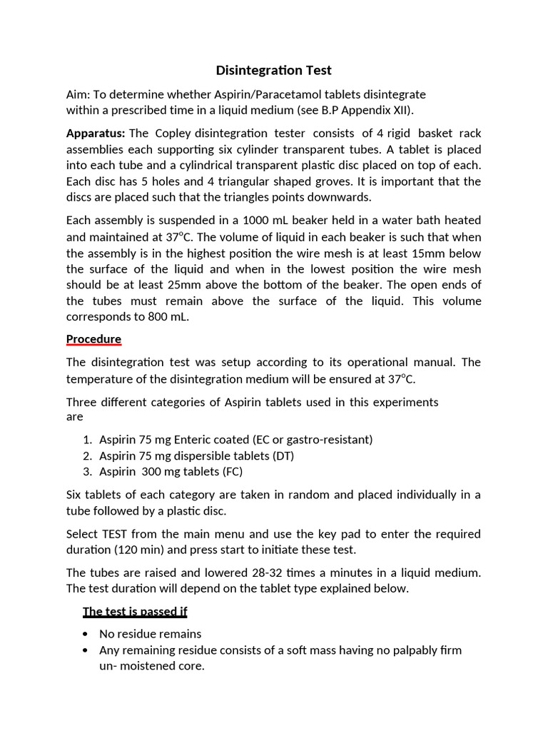 Aspirin Disintegration Test Procedure 5 | PDF | Tablet (Pharmacy)