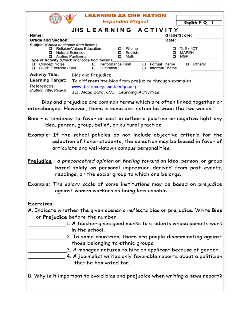 English 9 Q4 LAS 1 Bias and Prejudice | PDF | Prejudices | Bias